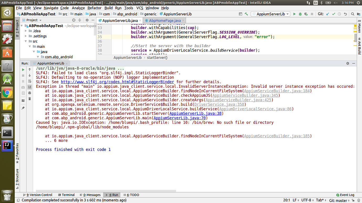 Getting Error While Launching Appium server Pragmatically but it getting started Manual hitting ...