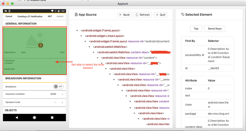 iOS Hybrid App - Unable to detect the inner elements using Appium inspector whereas inner ...