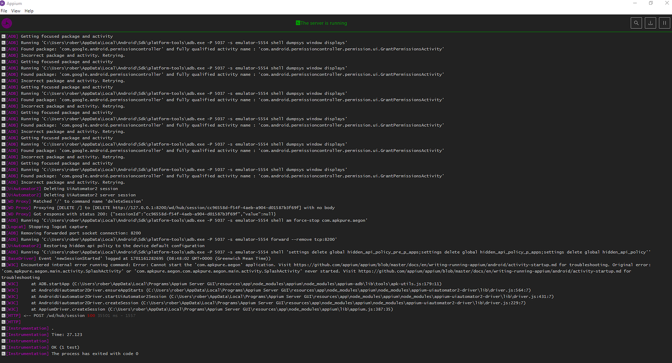Failed to create session. An unknown server-side error occurred while processing the command ...
