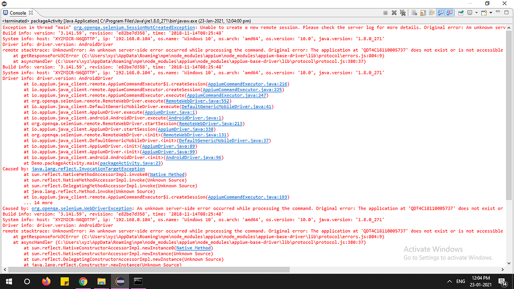 I am trying to invoke app with package activity ,i am getting below error - Issues/Bugs - Appium ...