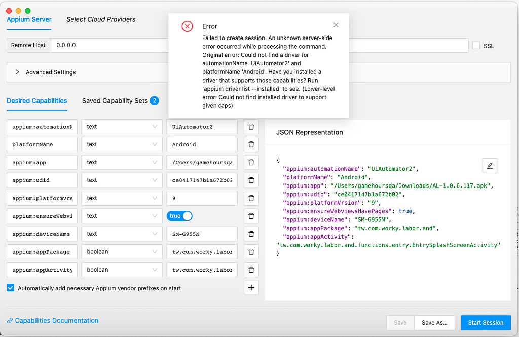 Failed to create session - Issues/Bugs - Appium Discuss