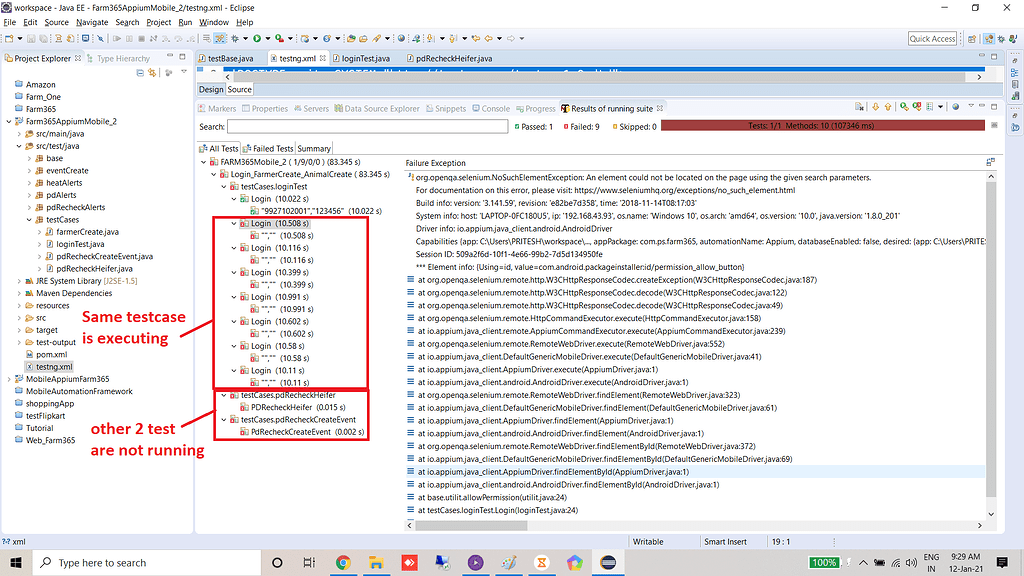 Not able to run all the testcases in testNG framework. tests are ...