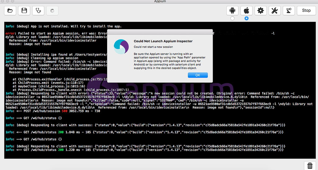 Failed to start an Appium session, err was: Error: Command failed: /bin/sh -c ideviceinstaller ...