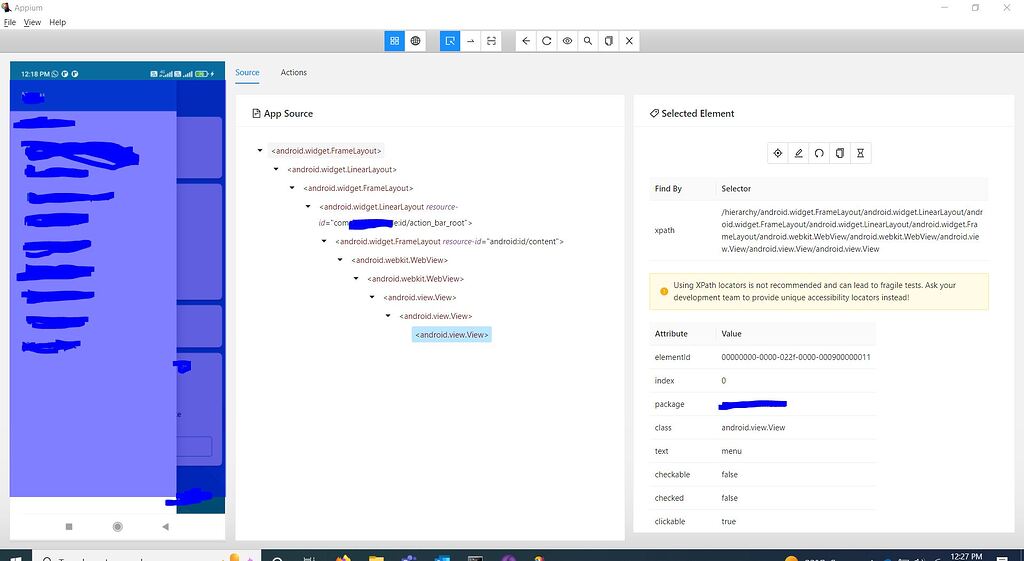 Unable to identify elements in Appium inspector instead of one element whole panel type of area ...