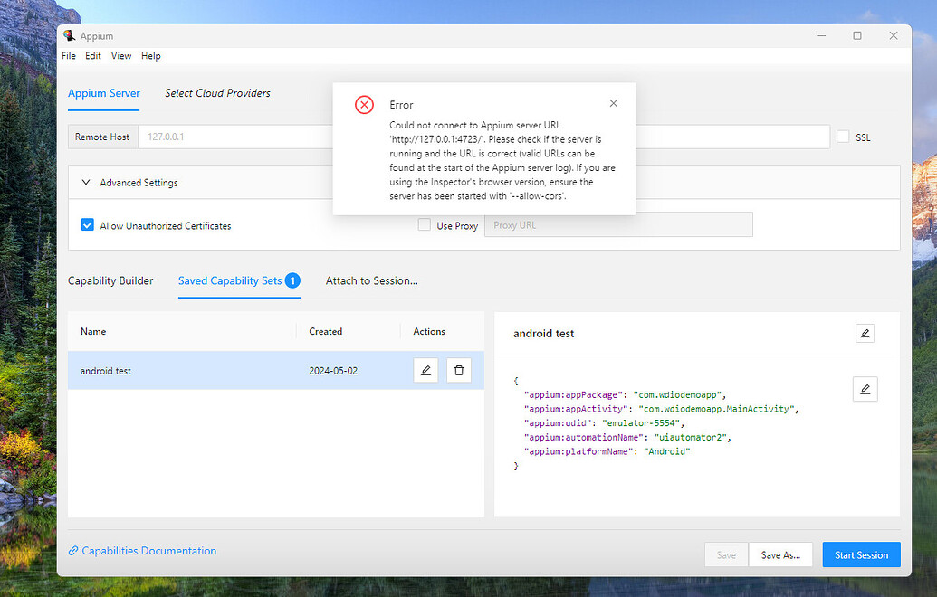 Could not connect to server to Appium server - Issues/Bugs - Appium Discuss