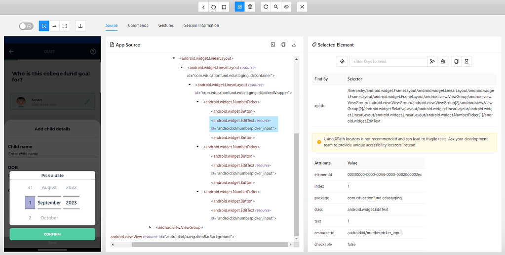 Able to scroll in date picker using scrollable class but it is not holding up on the text value ...
