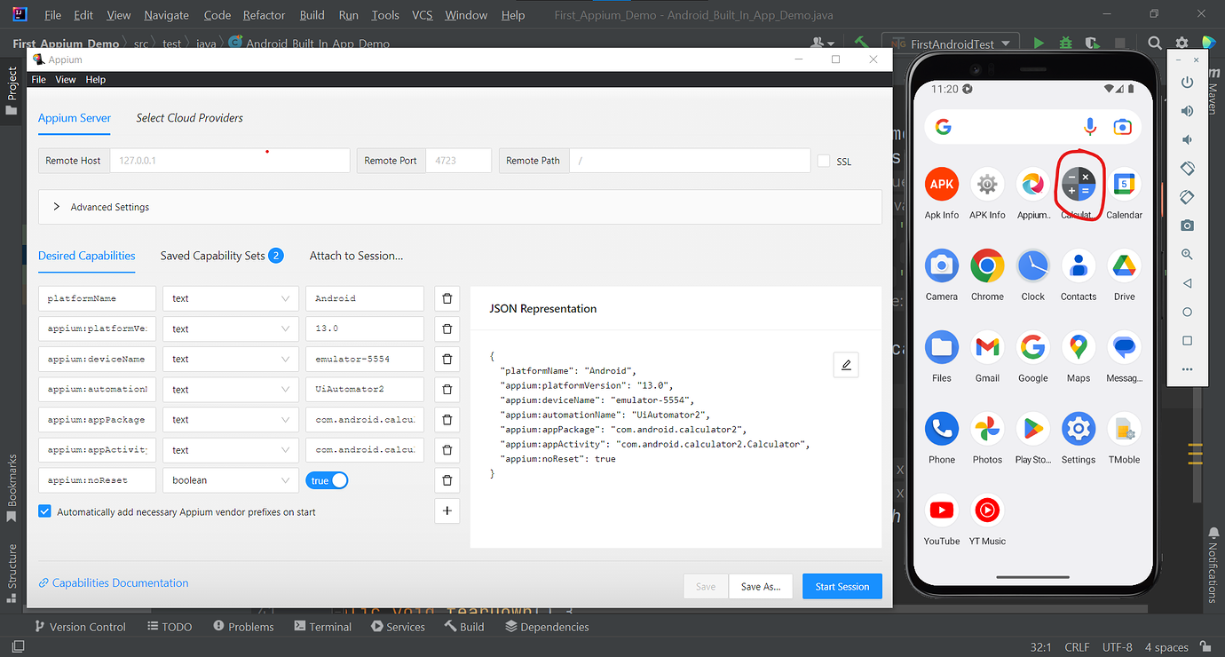 Appium Inspector - Failed to create session. An unknown server-side error occurred while ...