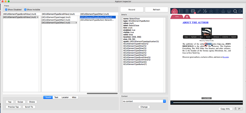 How to select copy from web view pop up, unable to inspect pop up elements in Appium inspector ...